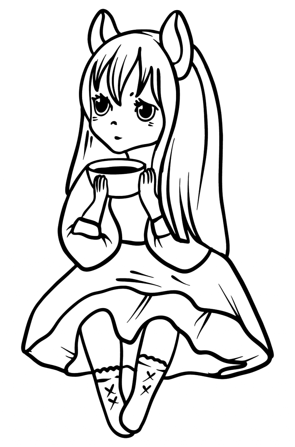 Anime Girl Drinking Coffee coloring page ♥ Online and Print for Free!