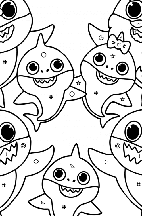 Iso perhe Baby Shark värityskuva ♥ Online ja Tulosta Ilmaiseksi!