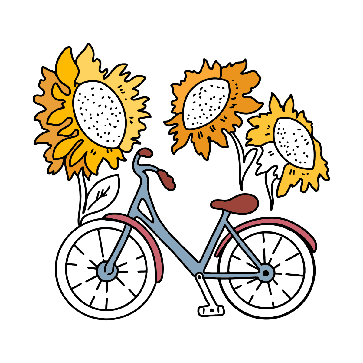 Tegning til farvning cykel og solsikker ♥ Online og Print gratis!