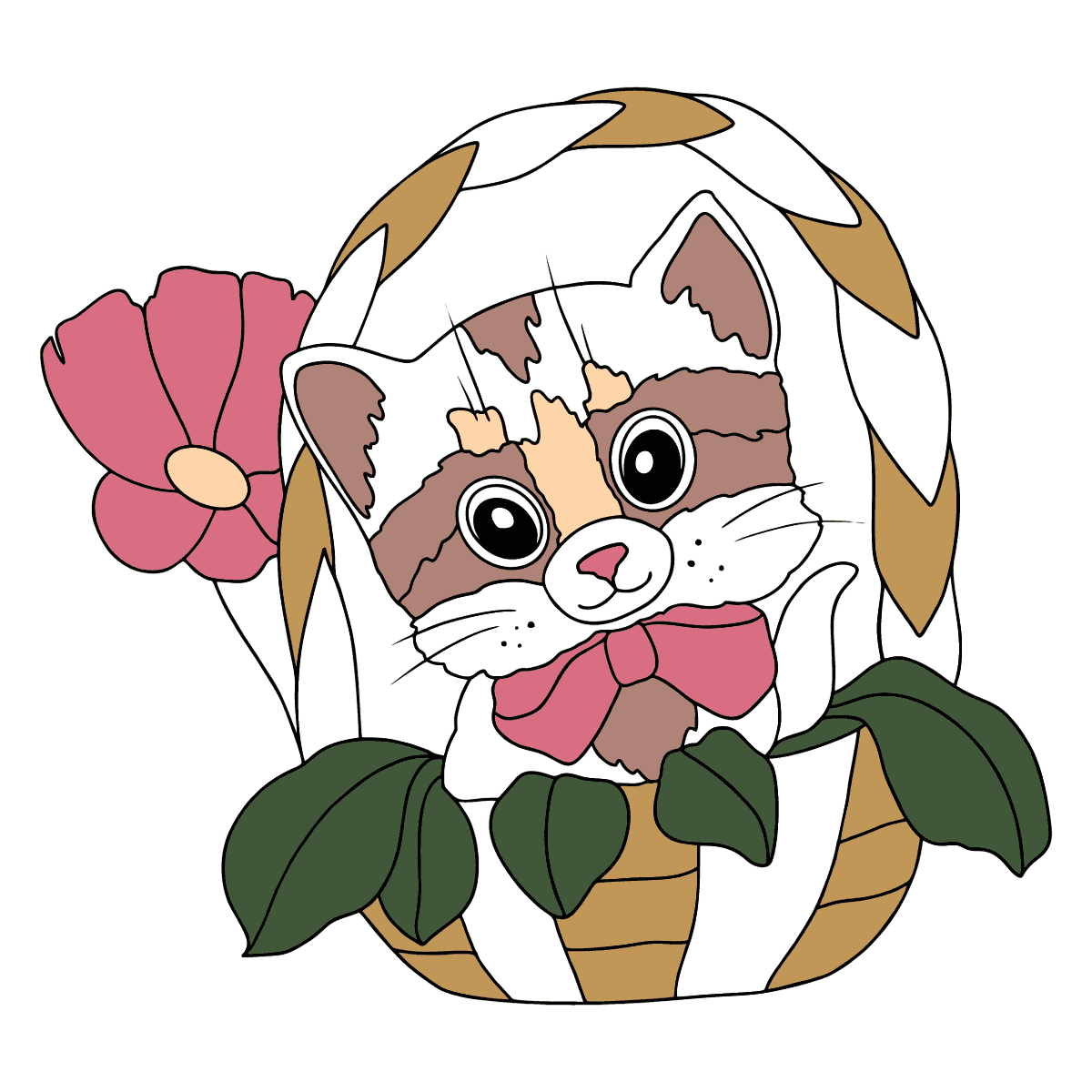 Little Kitten in a Basket coloring page ♥ Online and Print for Free!