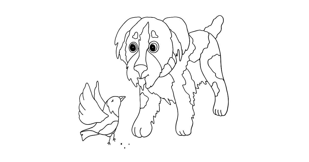 Online Coloring Page - A Dog is Playing with a Bird