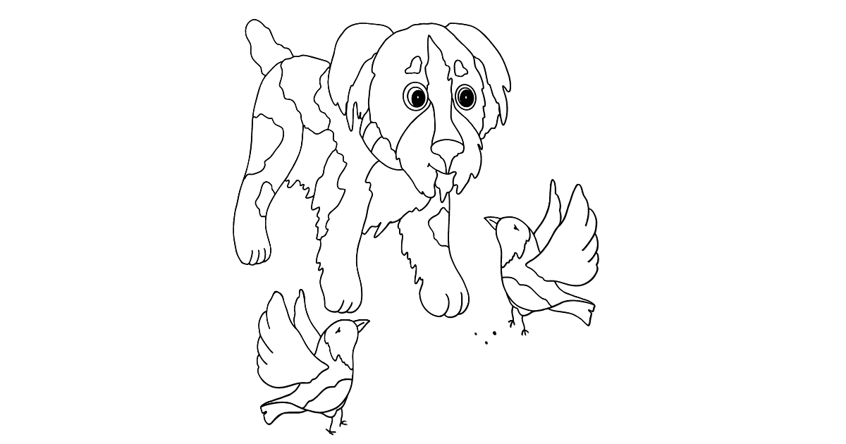 Coloring Page - A Dog and Birds - Printable for Free!
