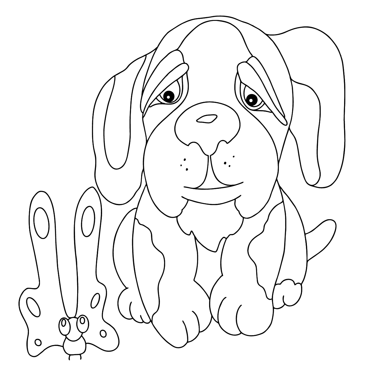 online-coloring-page-a-dog-is-watching-a-butterfly