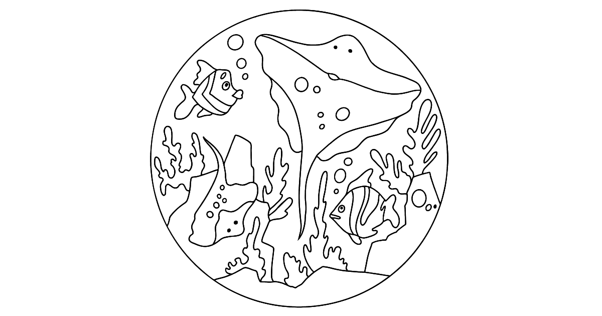 Tegning til fargelegging fisk og en rokke ♥ Online!