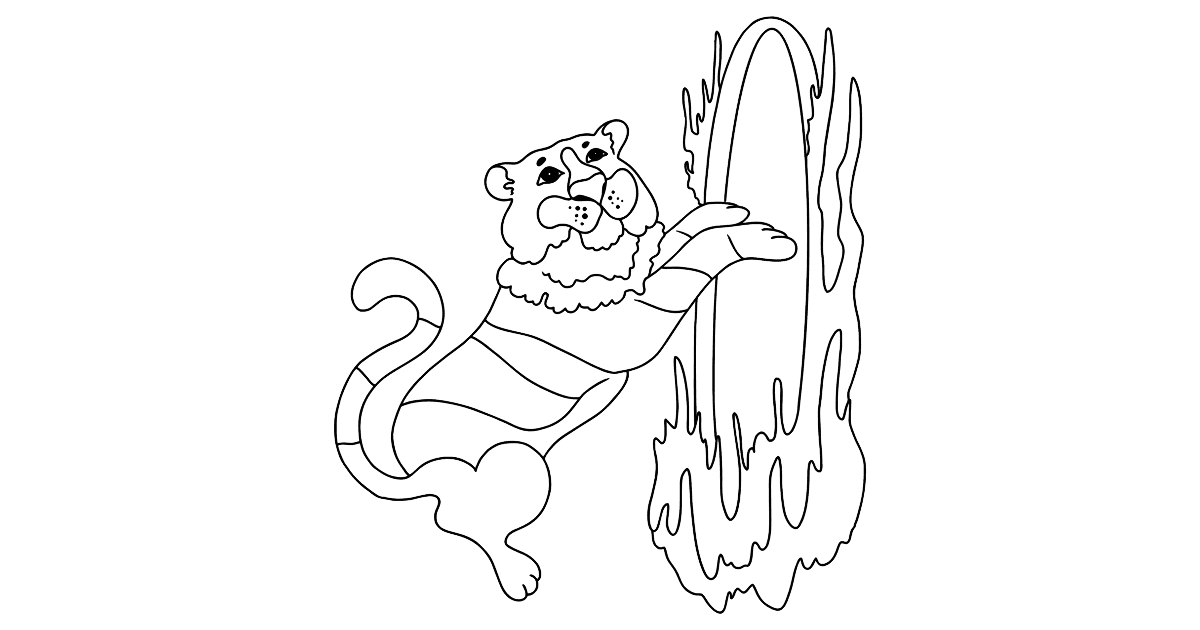 Online Coloring Page - A Tiger is Jumping Through a Ring of Fire