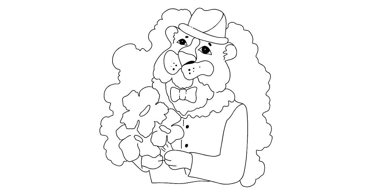 Online Coloring Page - A Tiger with a Bouquet of Flowers