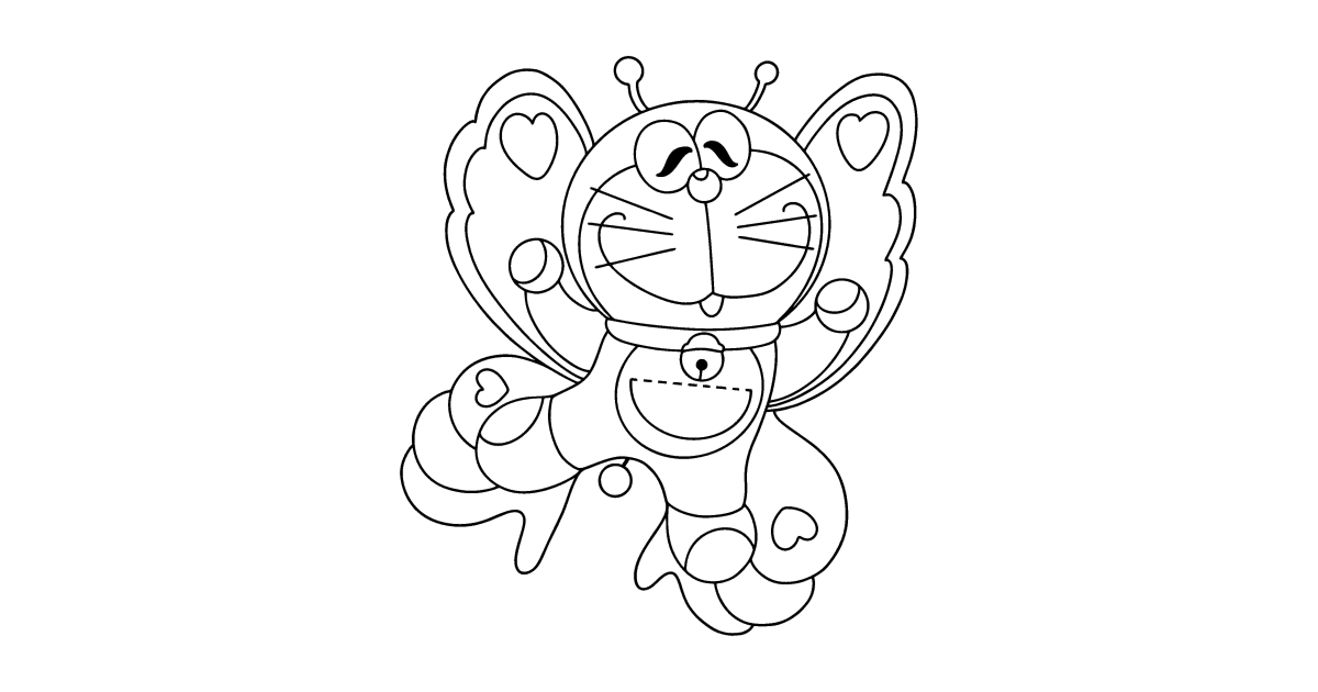 Tegning til farvning Doraemon sommerfugl ♥ Online og Print gratis!