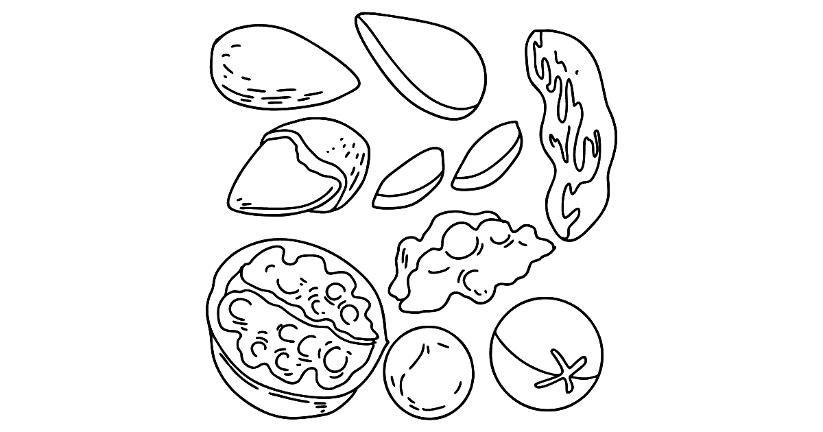 Nuts: Walnuts, Macadamia, Almonds and Peanuts coloring page for Free!