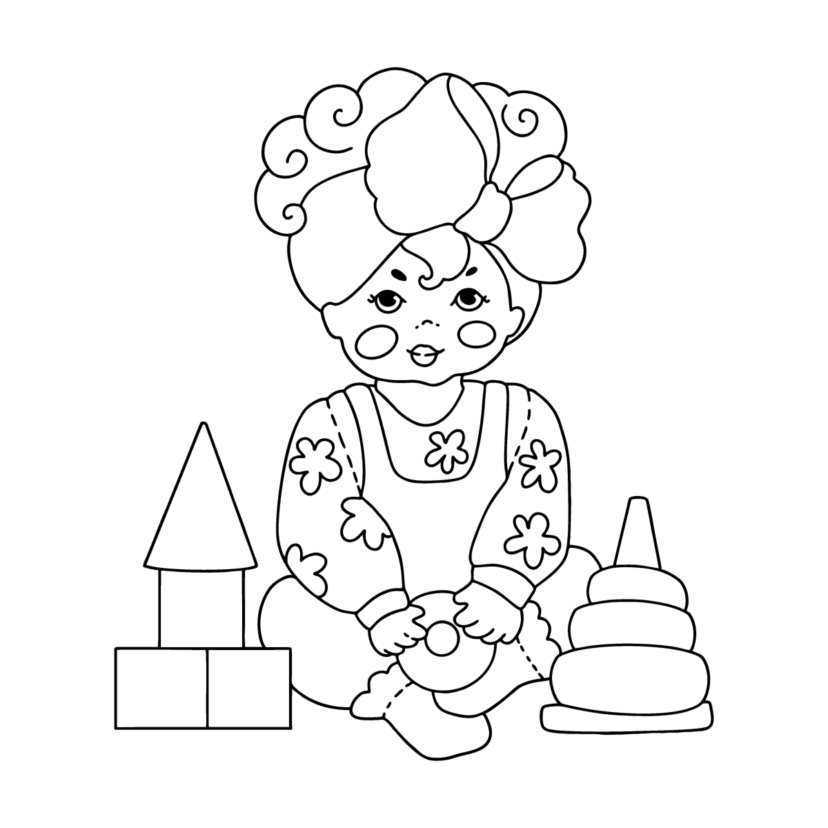 Little girl with a bow сoloring page ♥ Online and Print for Free!